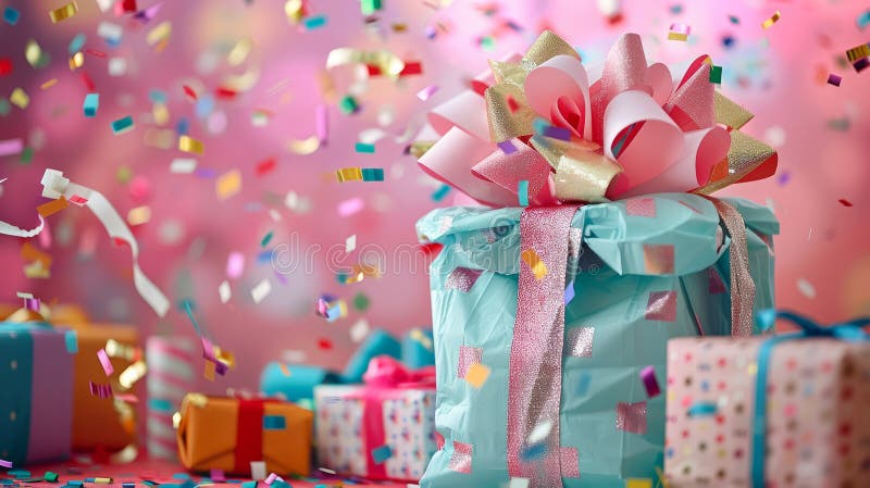 A Large Gift with Confetti Around it Stock Image - Image of boxes ...