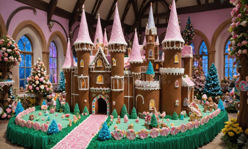 A Large Gingerbread Castle Stands Tall in a Festive Setting, Surrounded ...