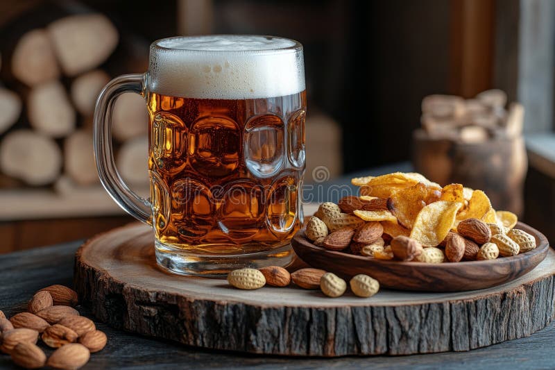 A Glass of Amber Beer beside a Wooden Platter Filled with Assorted ...