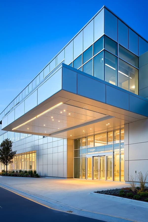 A Large Glass Building with a Lot of Windows at Night Stock Image ...