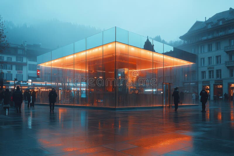 A Large Glass Building with a Neon Sign on the Front Stock Image ...