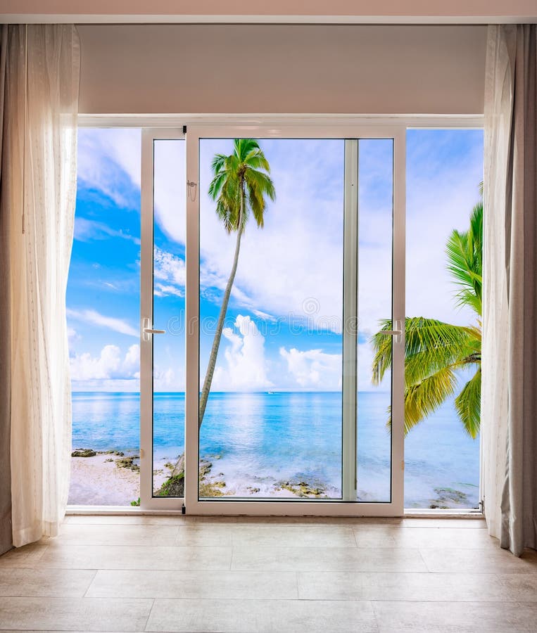 Large Glass Door Overlooking the Beach Stock Photo - Image of palm ...