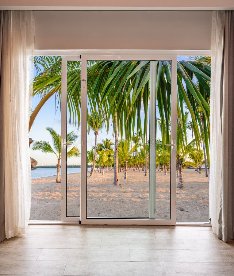 Large Glass Door Overlooking the Beach Stock Image - Image of luxury ...