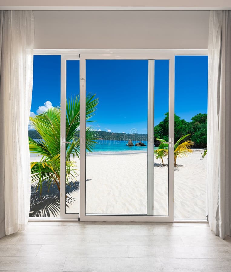 Large Glass Door Overlooking the Beach Stock Photo - Image of interior ...