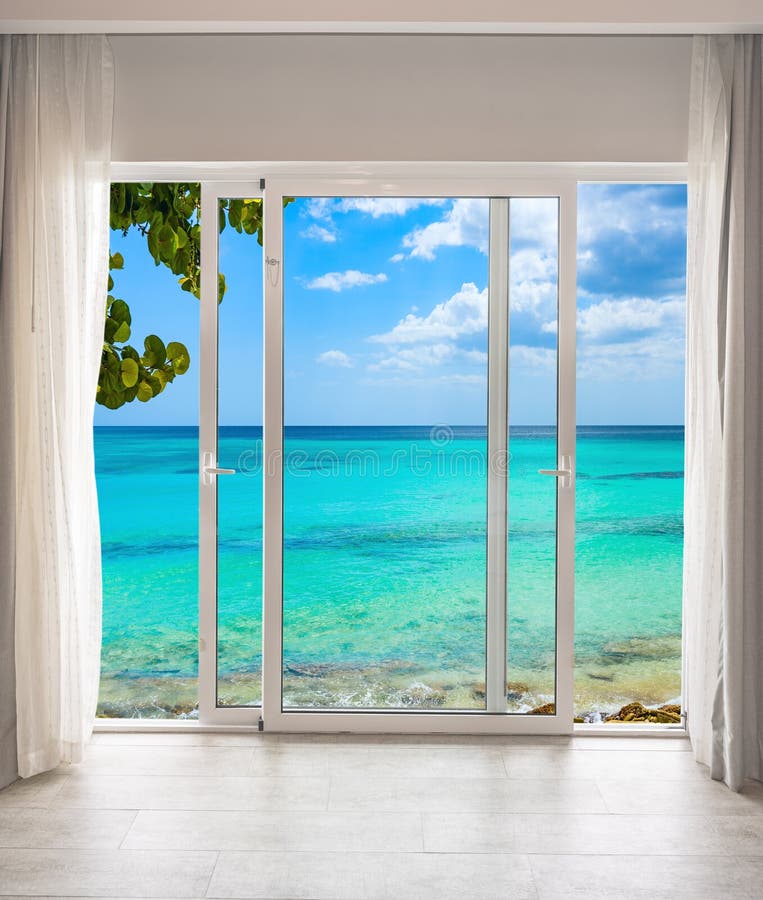 Large Glass Door Overlooking the Beach Stock Image - Image of curtain ...