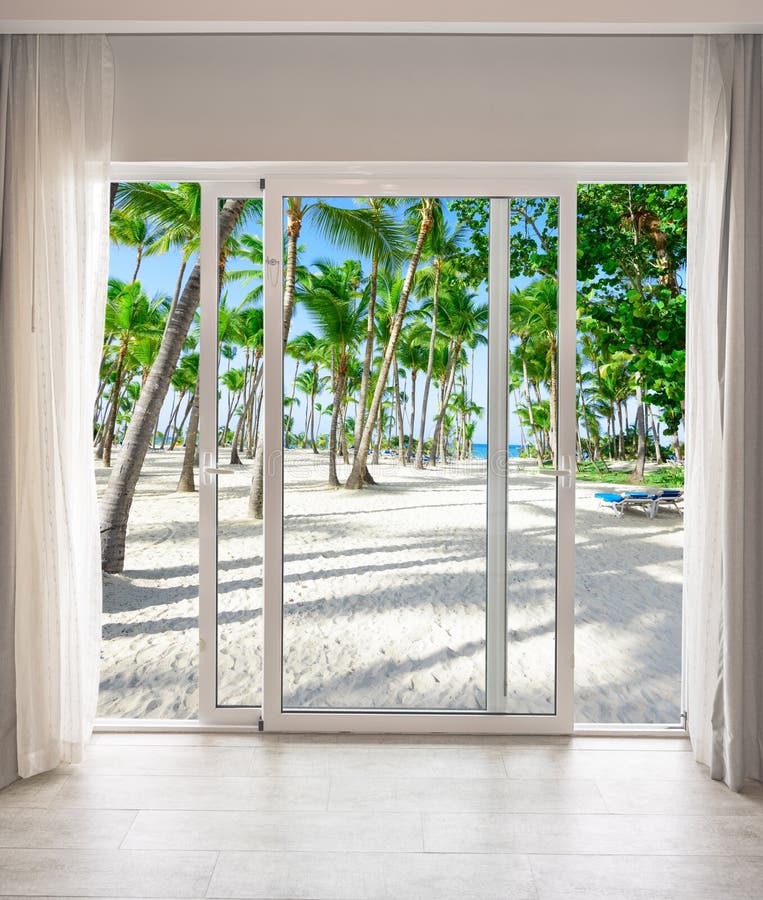 Large Glass Door Overlooking the Beach Stock Image - Image of palm ...