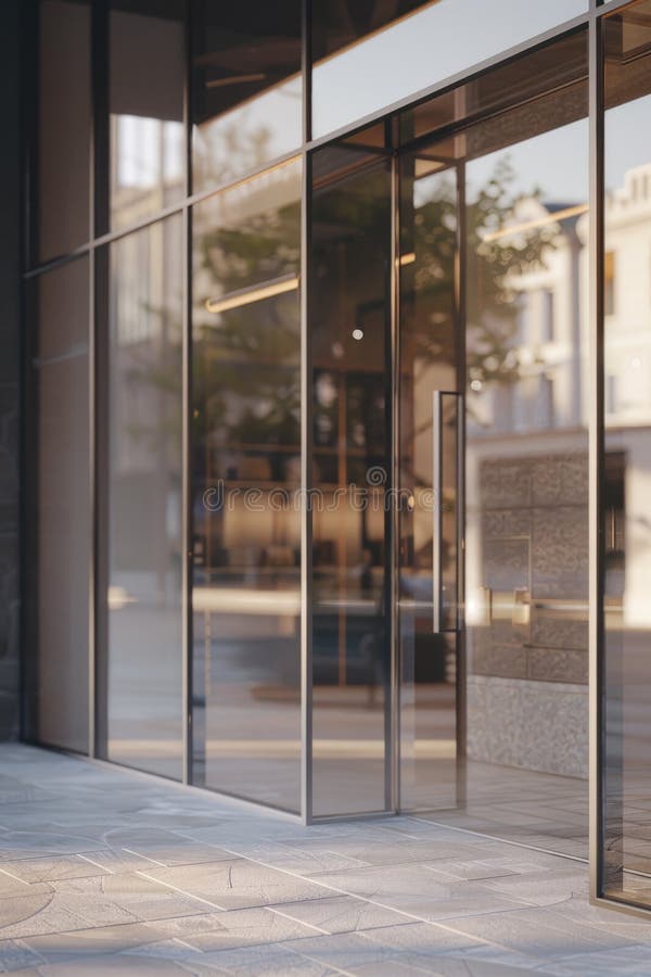 A Large Glass Door with a Reflection of a Tree in the Glass Stock Image ...