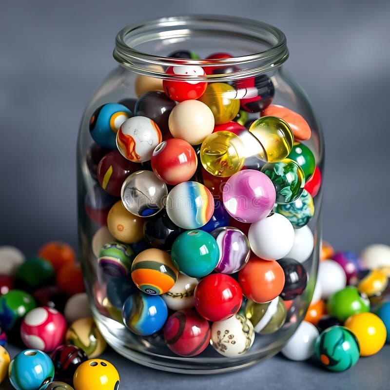 A Large Glass Jar Filled with Vibrant Marbles of Various Colors Stock ...