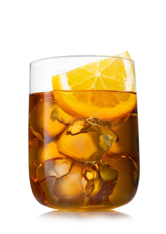 Large Glass of Lemon Taste Iced Tea with Ice Cubes on White Background ...