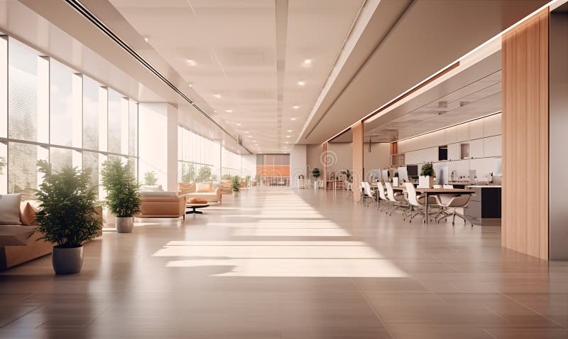 Large Glass Office Hall with Many Desks for Clerks. Stock Illustration ...