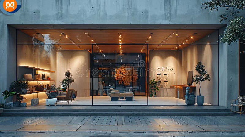 A Large Glass Storefront with a Tree in the Middle of the Room Stock ...