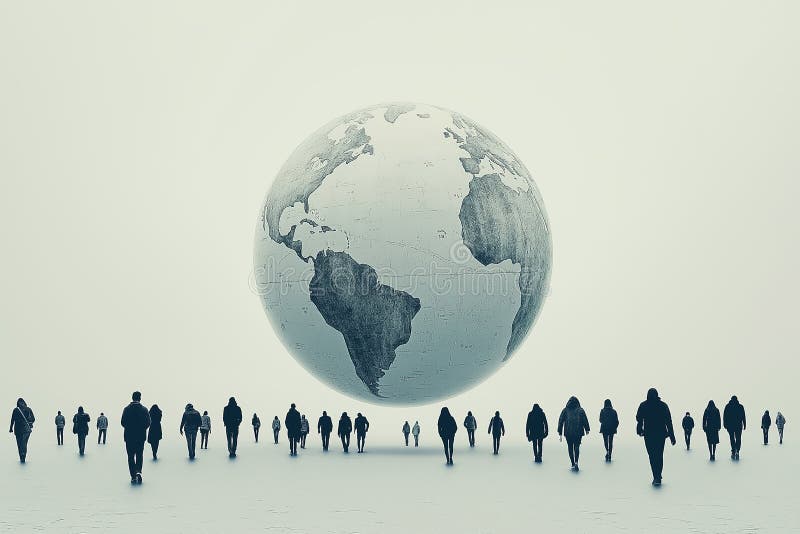 A Large Globe Floats Above Human Silhouettes in a Minimalist Setting ...