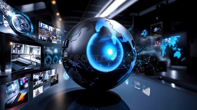 A Large Globe in the Middle of a Room Filled with Multiple Screens ...