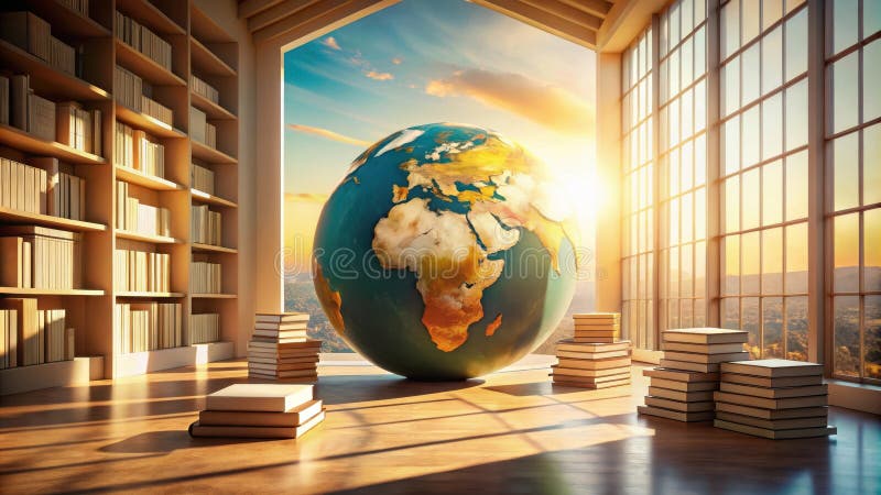 A Large Globe in a Sunlit Room with Bookshelves and Stacks of Books ...