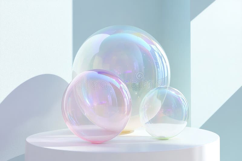 Playful Podium Showcasing Glossy Soap Bubbles in Pastel Colors on a ...