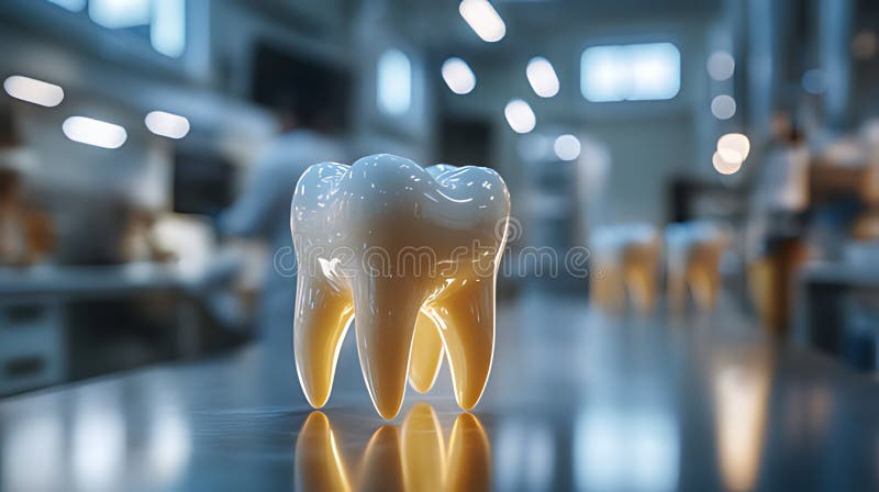 Large, Glossy White Tooth Model on a Reflective Surface in a Dental Lab ...