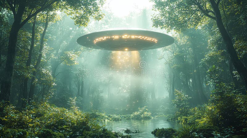 Large, Glowing, Alien Shaped Object is Hovering Over a Forest Stock ...