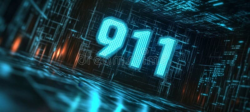 Large, Glowing Blue 911 Digital Representation Emerges from Complex ...