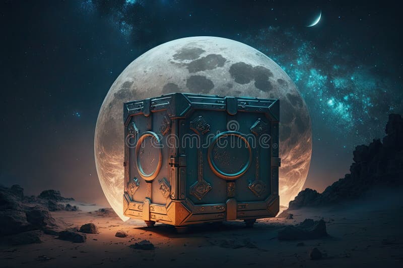 Large Glowing Chest on the Moon Against Backdrop of Night Cosmic Sky ...