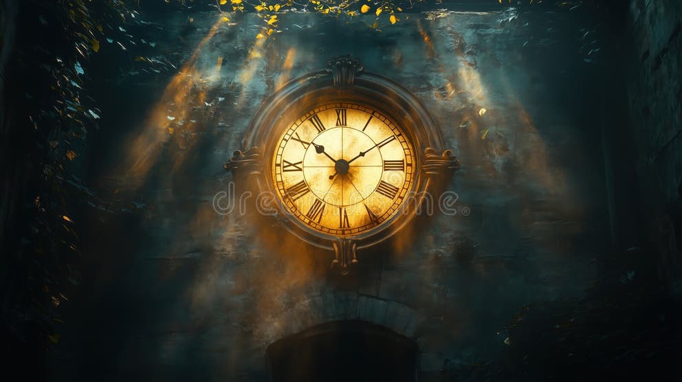 Large Glowing Clock on Wall in Overgrown Forest. Stock Illustration ...