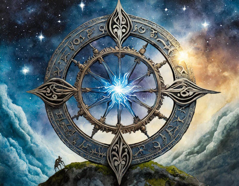 A Large, Glowing Compass with a Blue Light in the Center Stock ...