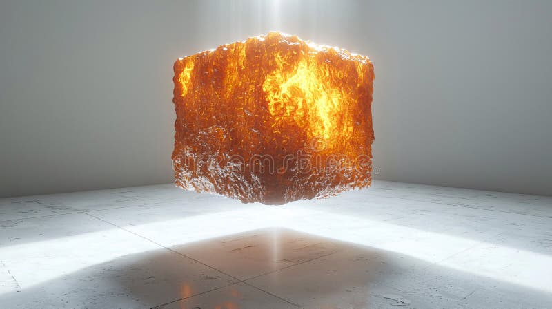 Large Glowing Lava Cube Levitating in a Minimalist Environment during ...