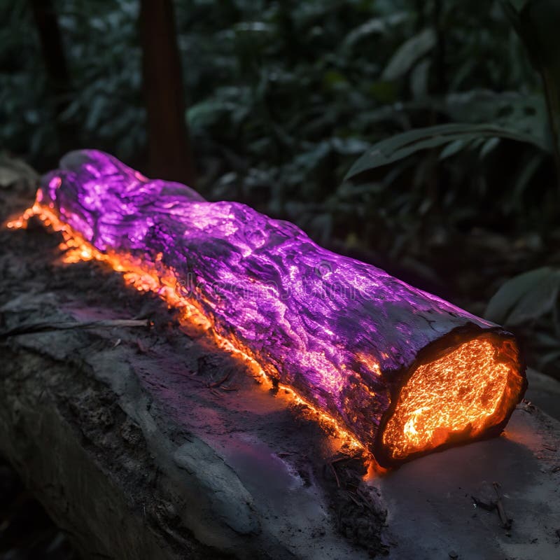 A Large Glowing Log Emits a Vibrant Purple and Orange Light in a Forest ...