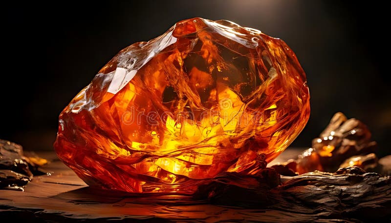 Large, Glowing, Orange Amber Gemstone Rests on a Textured Dark Surface ...