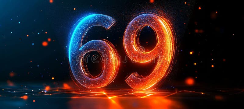 Large Glowing Red and Blue Number 69 on Futuristic Dark Background with ...