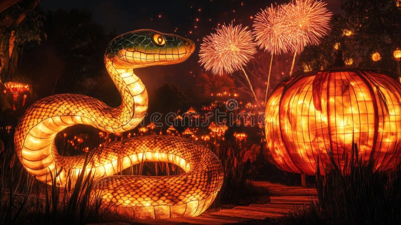 A Large Snake Lantern Glows Under a Fireworks Display at a Festival in ...