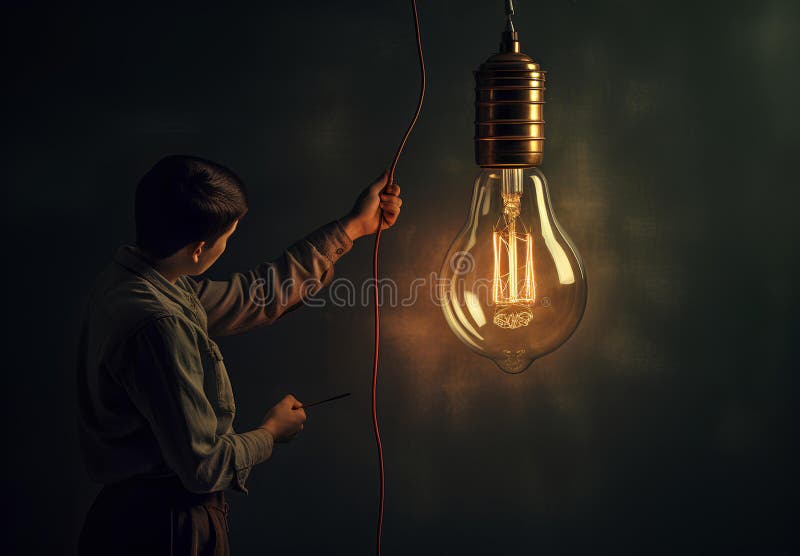 A Large Glowing Spiral Light Bulb. a Man Holds a Huge Light Bulb by the ...