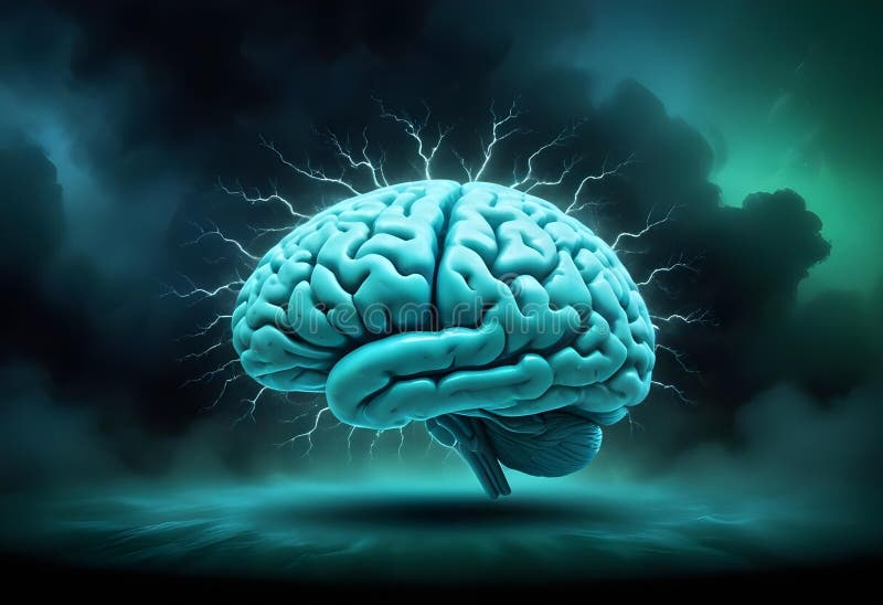 A Large Glowing Turquoise Brain Floating in a Dark Background Stock ...