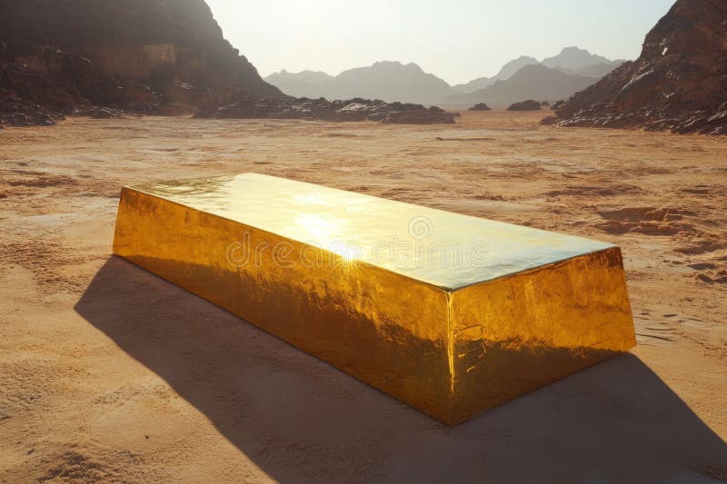 Large Gold Bar Sits in the Desert Sand, Gleaming in the Setting Sun ...