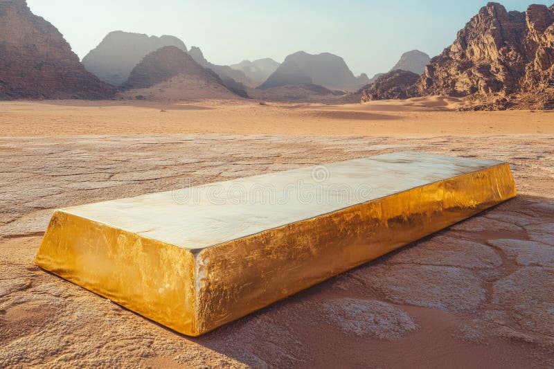 Large Gold Bar Sits in the Desert Sand, Gleaming in the Setting Sun ...