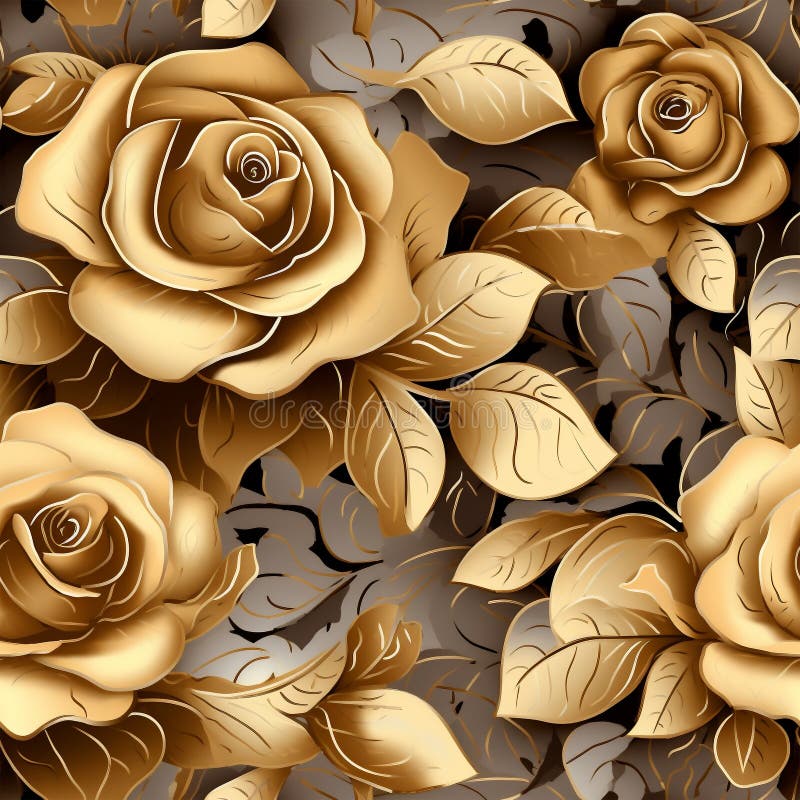Gold Roses are Painted on Tan Wallpaper in the Style of Seamless ...