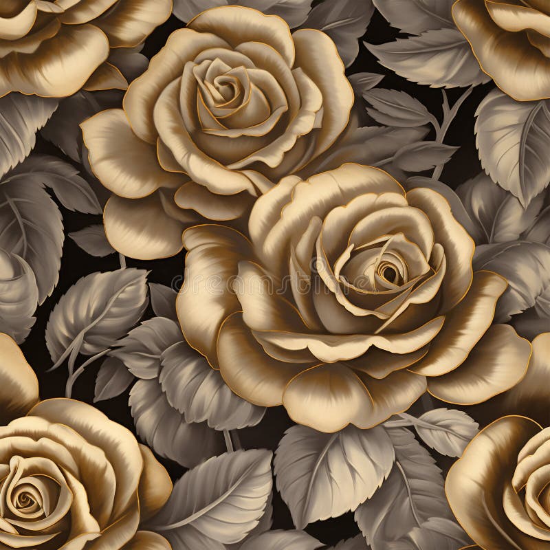 Gold Roses are Painted on Tan Wallpaper in the Style of Seamless ...