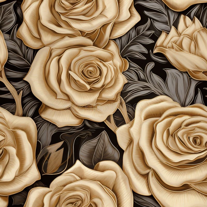 Gold Roses are Painted on Tan Wallpaper in the Style of Seamless ...