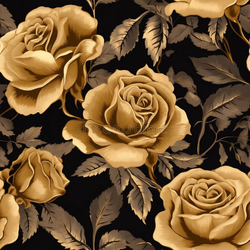 Gold Roses are Painted on Tan Wallpaper in the Style of Seamless ...