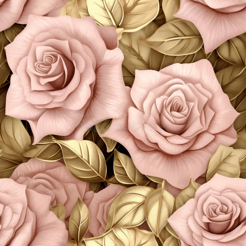Gold Roses are Painted on Tan Wallpaper in the Style of Seamless ...