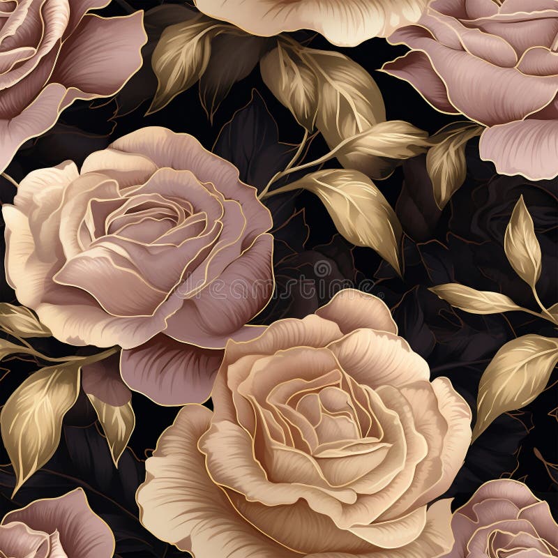 Gold Roses are Painted on Tan Wallpaper in the Style of Seamless ...