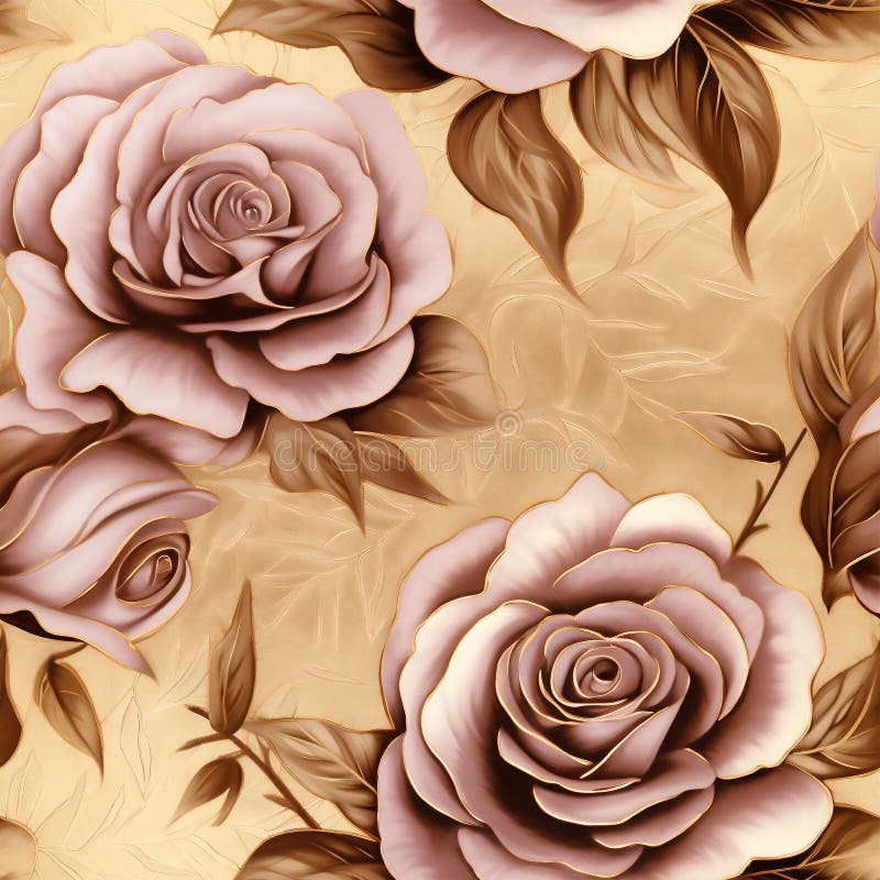 Gold Roses are Painted on Tan Wallpaper in the Style of Seamless ...