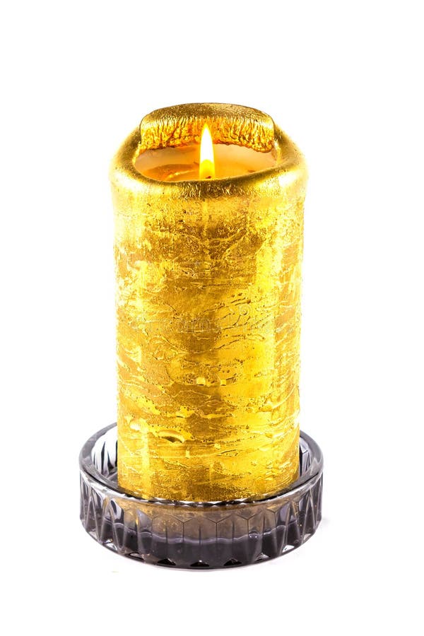 Large Golden Burning Candle and Candlestick Isolated on a White ...
