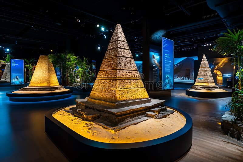 A Large Golden Pyramid Stands in a Museum Exhibit, Surrounded by Sand ...