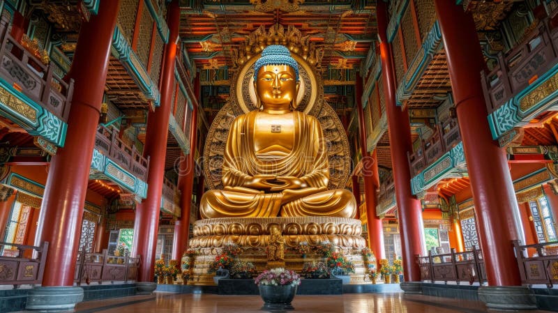 A Large Golden Shiny Buddha Statue Stands in a Buddhist Temple Stock ...