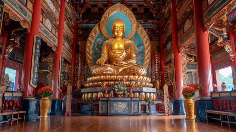 A Large Golden Shiny Buddha Statue Stands in a Buddhist Temple Stock ...