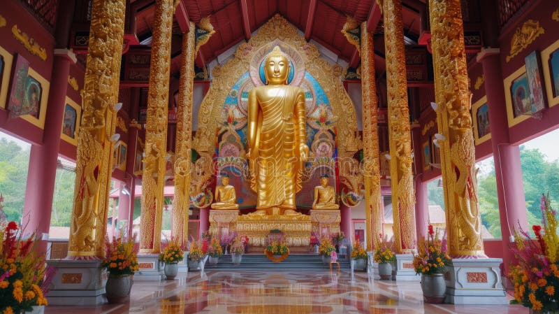 A Large Golden Shiny Buddha Statue Stands in a Buddhist Temple Stock ...
