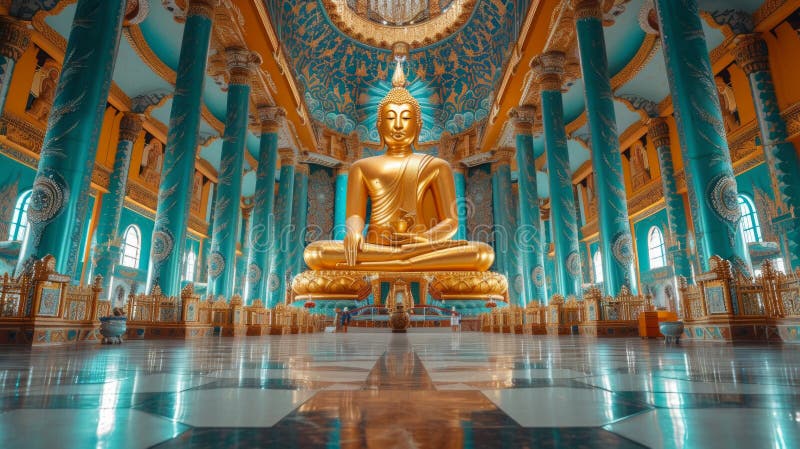 A Large Golden Shiny Buddha Statue Stands in a Buddhist Temple Stock ...