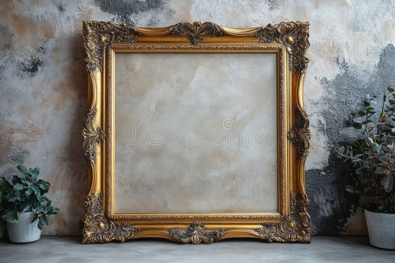 Large Golden Vintage Frame with Empty Canvas Leaning on Grunge Wall ...