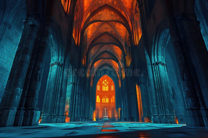 Large Gothic-style Cathedral with Illuminated Columns and Windows ...