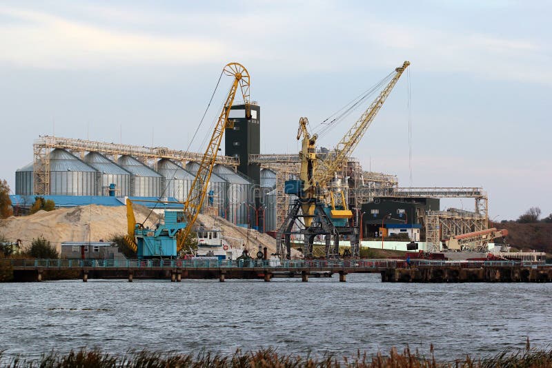 Large Grain Terminal with Cranes and Silos Stock Photo - Image of ...